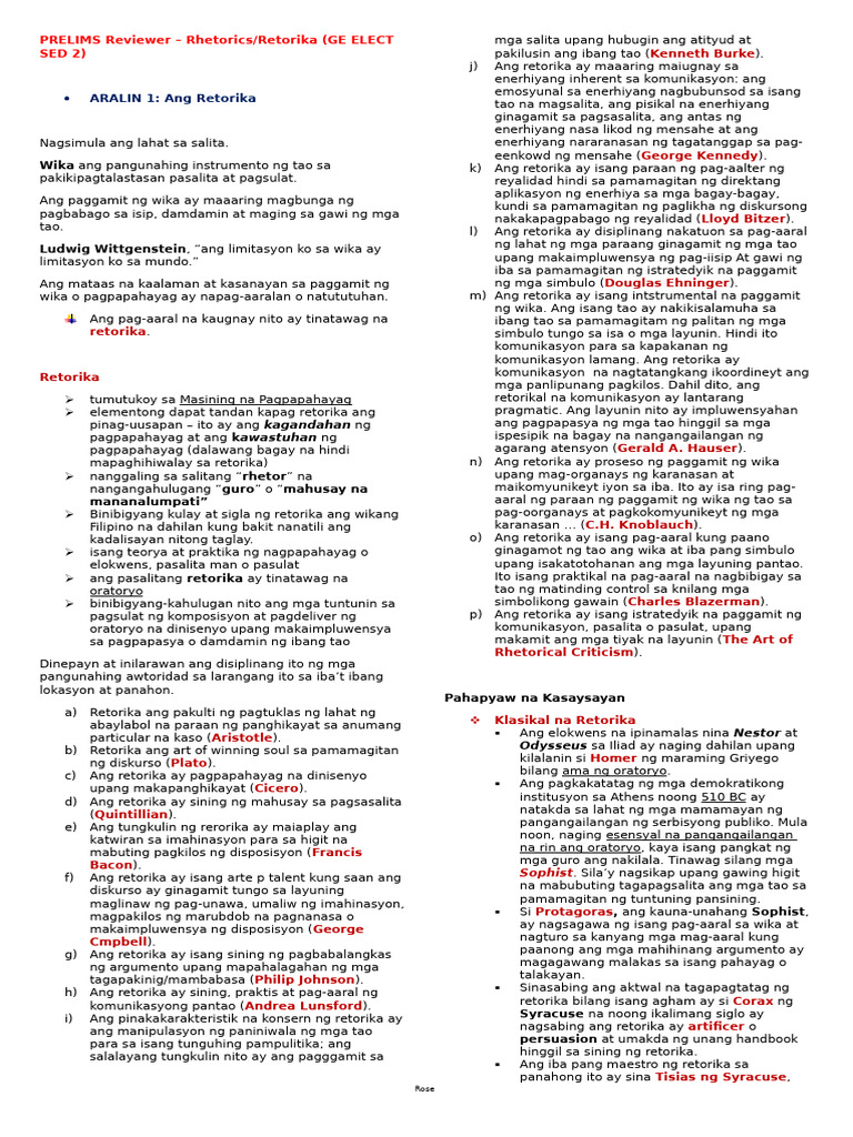Prelims Reviewer - Rhetorics (Ge Elect Sed 2) | PDF