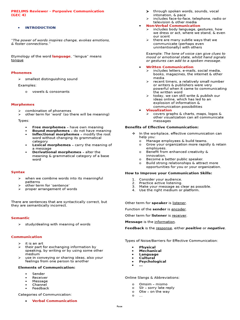 PRELIMS Reviewer - Purposive Communication (GEC 4) | PDF | Communication | Word