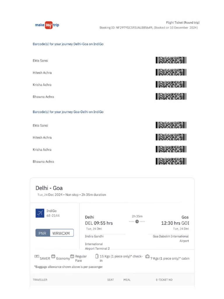 Del To Goa - Round Trip Ticket - 2024 Compressed | PDF