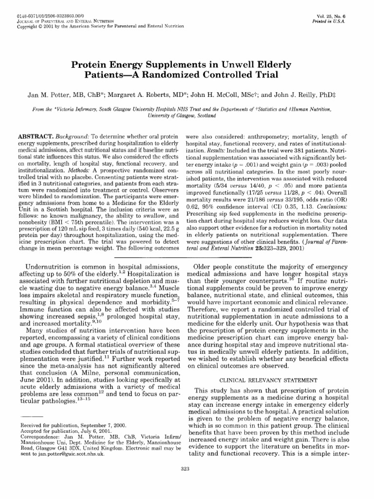 J Parenter Enteral Nutr - 2001 - Potter - Protein Energy Supplements in ...