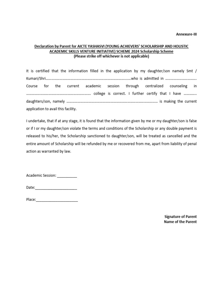 Yashasvi Parent Declaration Revised | PDF