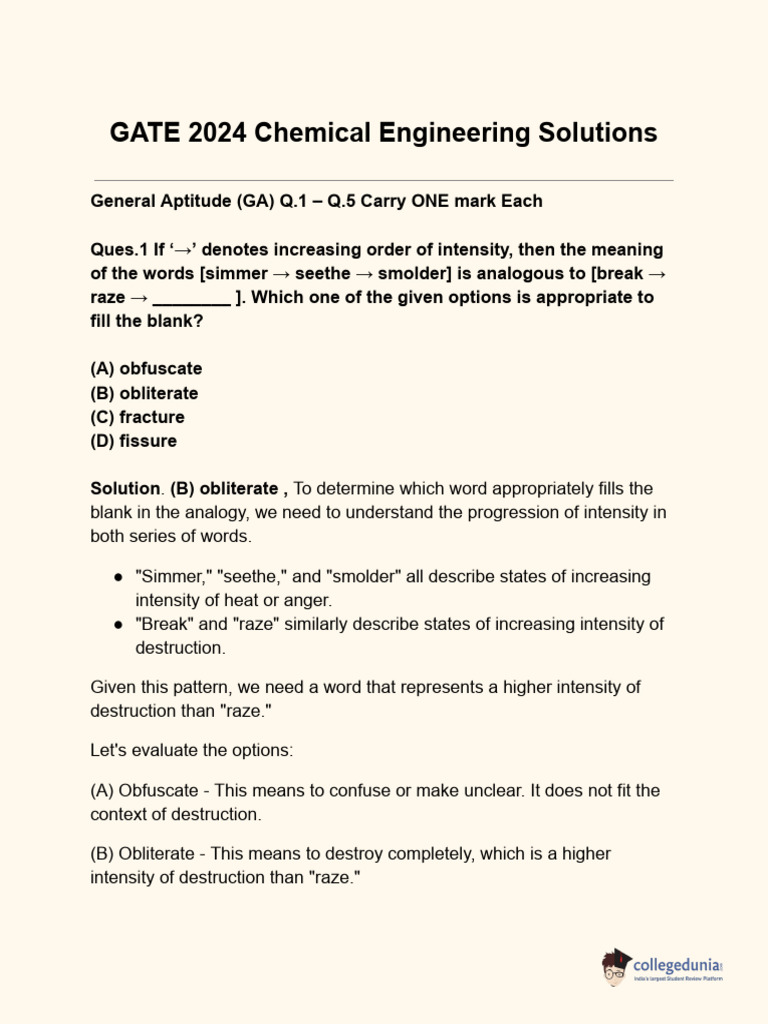 GATE 2024 Chemical Engineering Solutions | PDF | Cracking (Chemistry) | Catalysis