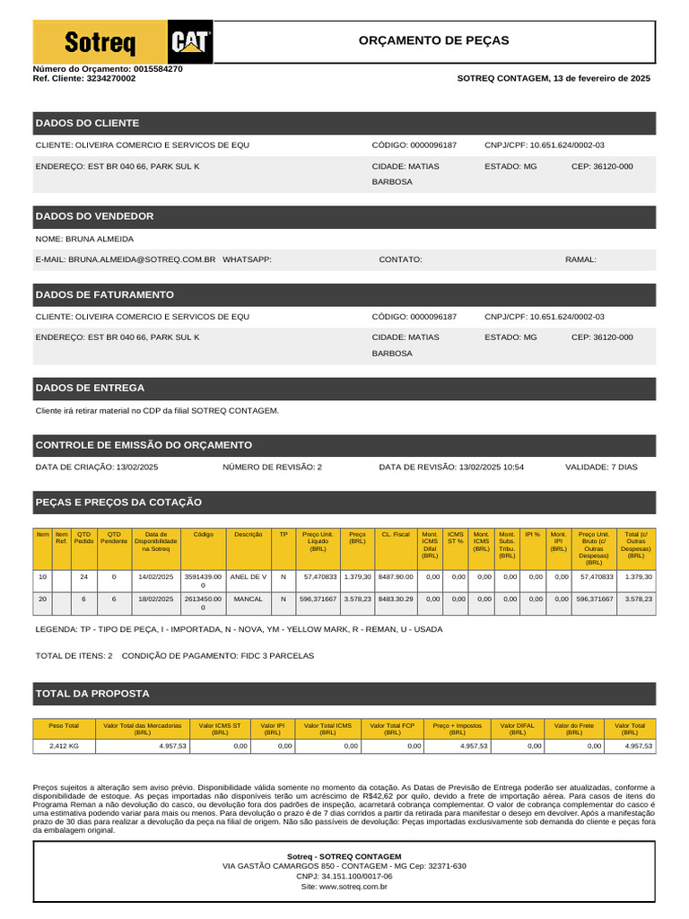 Orçamento de Peças Sotreq Contagem | PDF