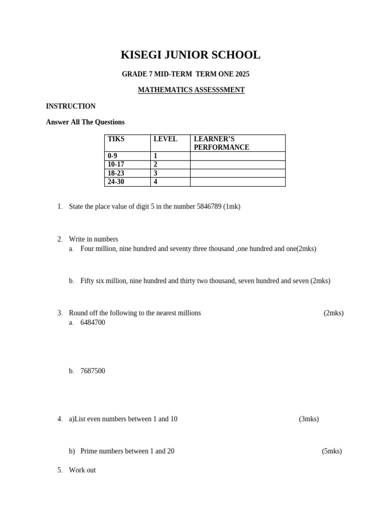 Grade 7 Math Mid-Term Exam 2025 | PDF