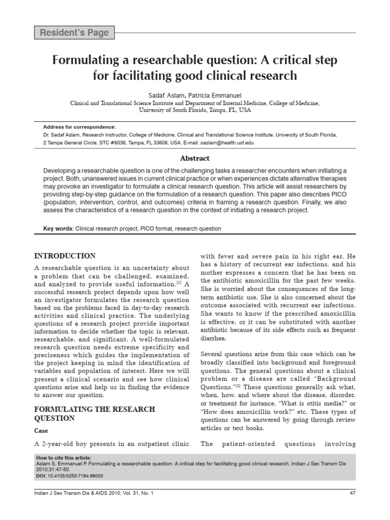 Formulating Research Questions in Clinical Studies | PDF | Systematic ...