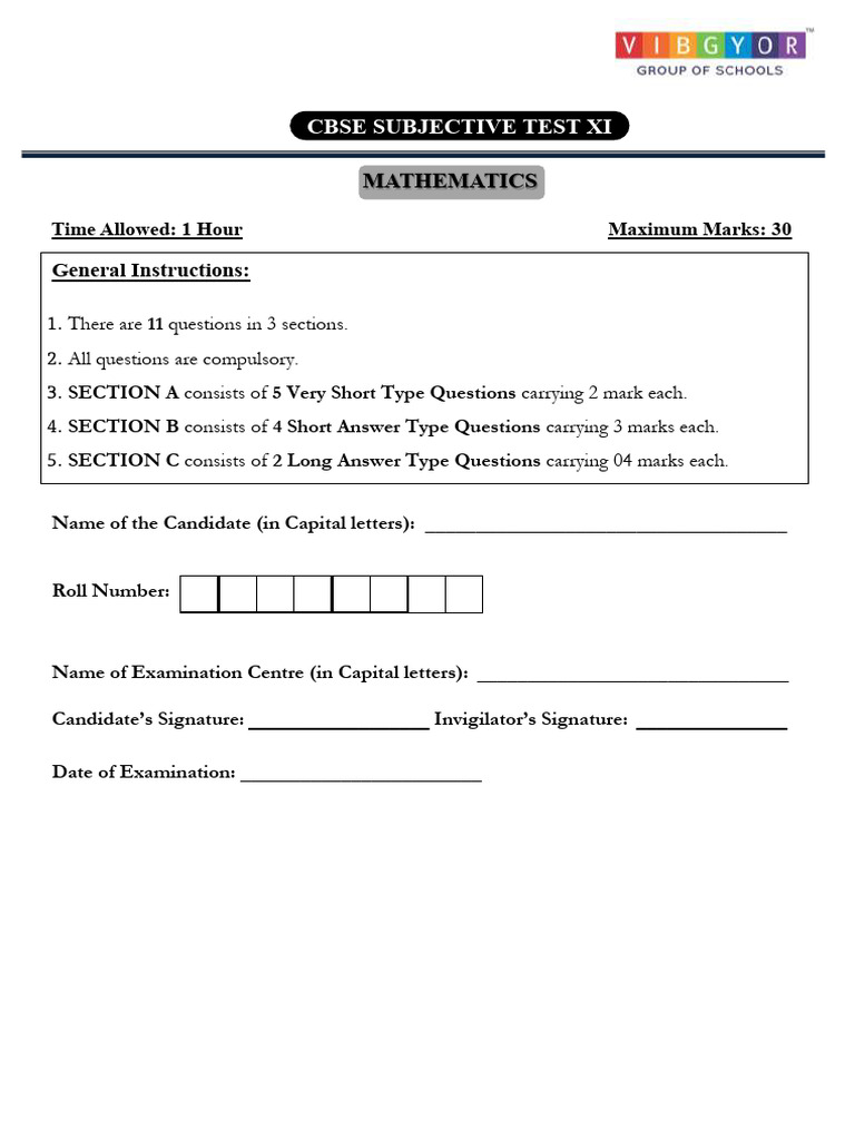 Subjective Test - XI - MATHS | PDF | Variance | Triangle