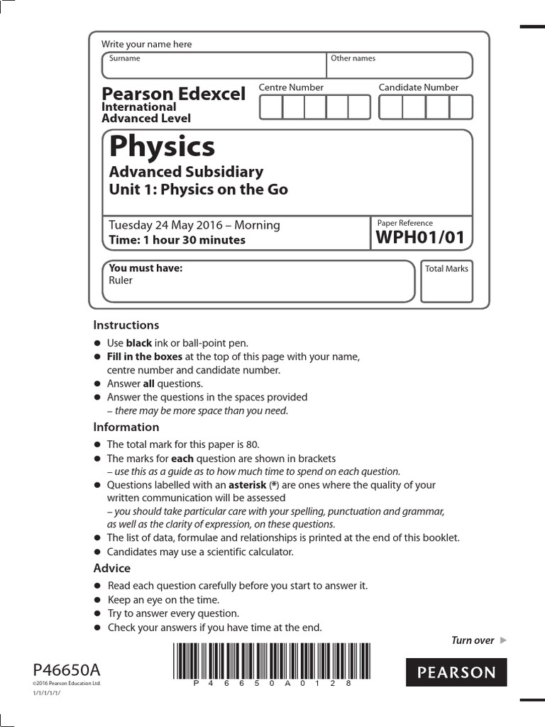 June 2016 (IAL) QP - Unit 1 Edexcel Physics A-Level | PDF | Force ...