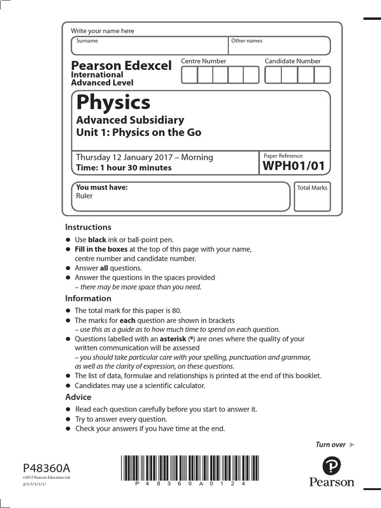 January 2017 (IAL) QP - Unit 1 Edexcel Physics a-level | PDF | Applied And Interdisciplinary ...