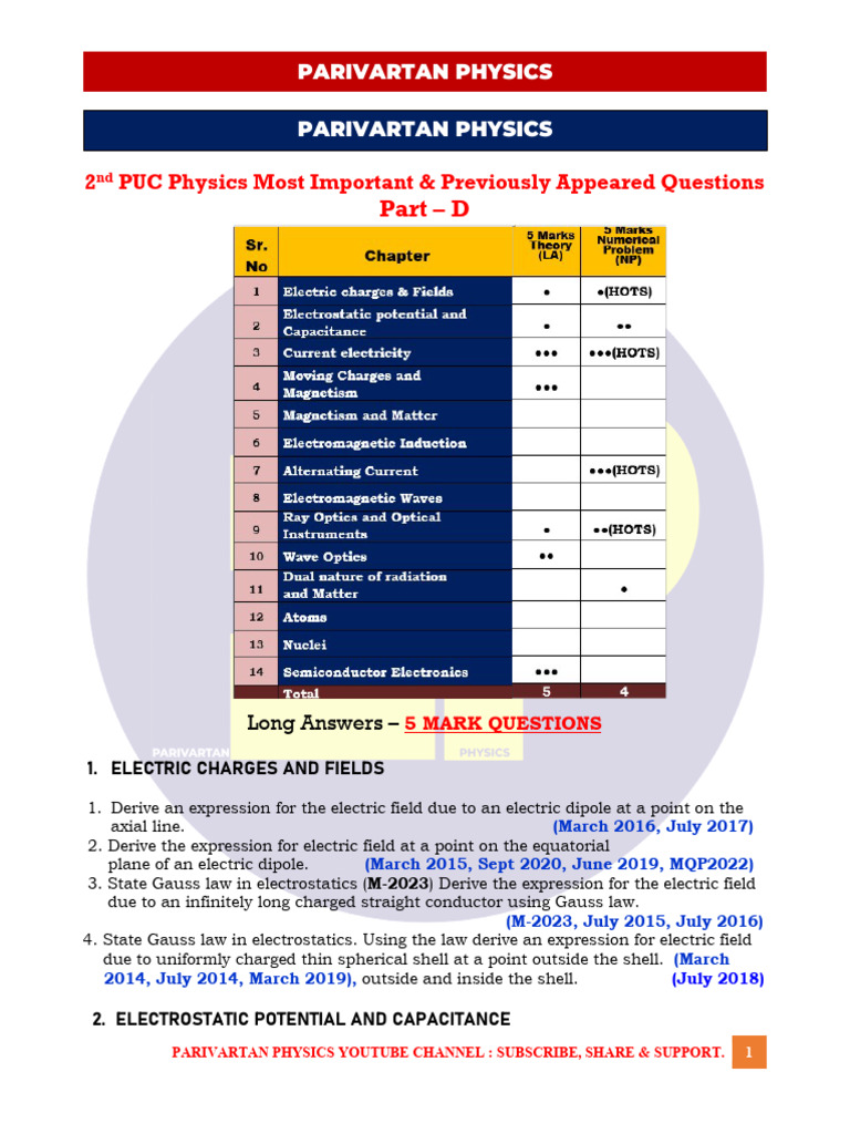 2025 2nd PUC Physics 5marks Most Important Questions & Numericals | PDF | Electrical Impedance ...
