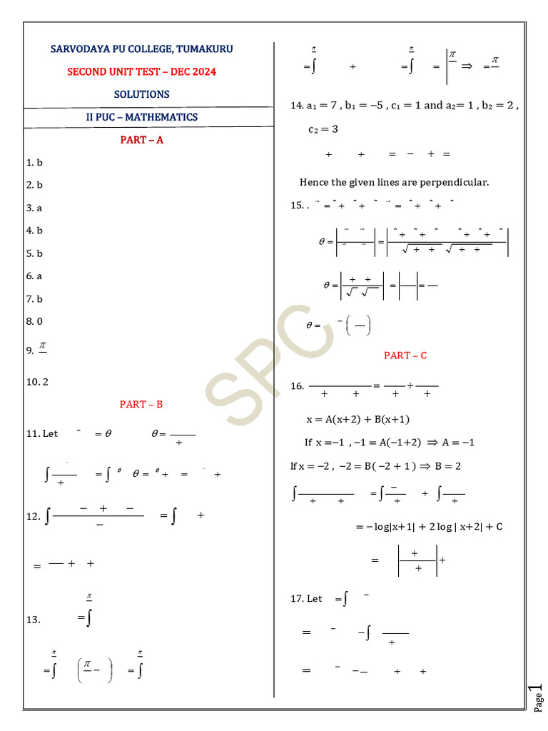 II Pu Maths Solutions - 2024 | PDF | Mathematics
