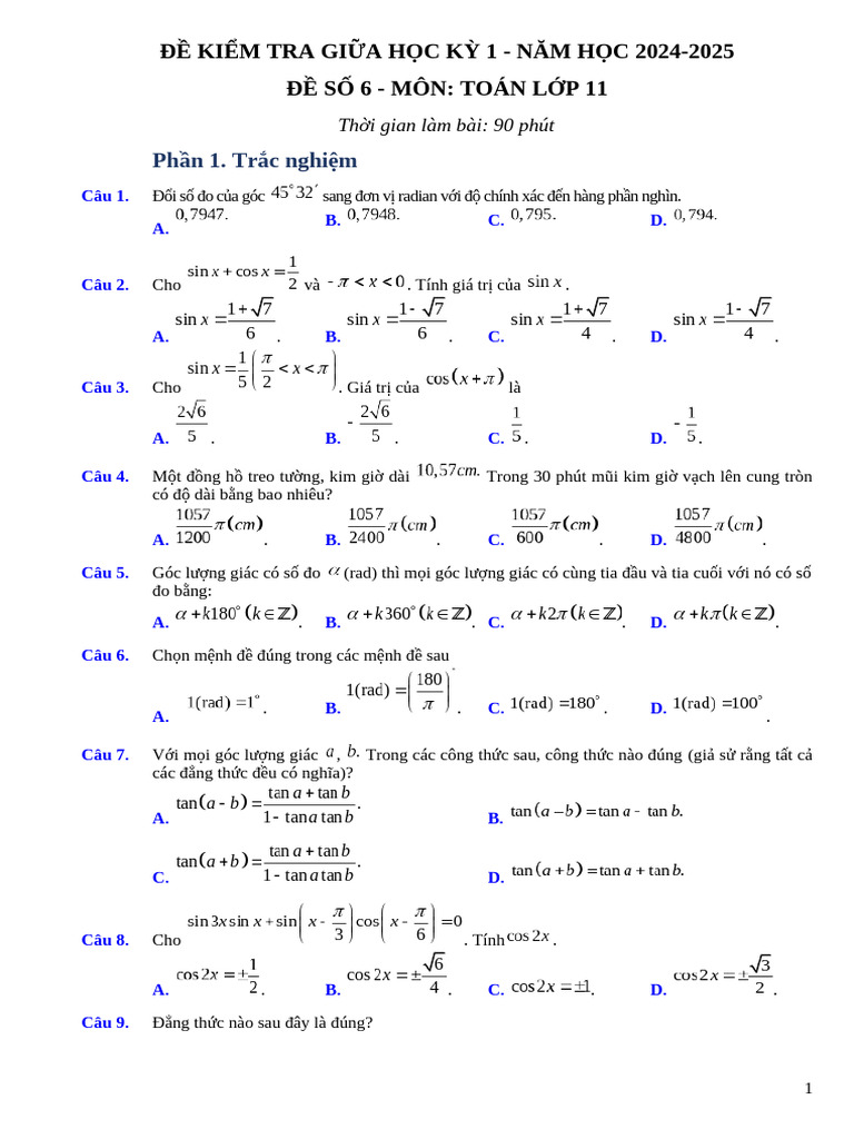 ĐỀ 6 GK1 11 | PDF
