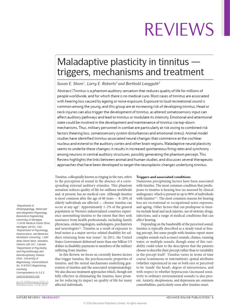 Maladaptive Plasticity in Tinnitus - Triggers, Mechanisms and Treatment ...