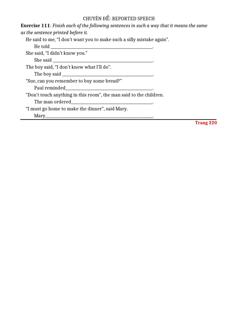 Reported Speech Exercises | PDF