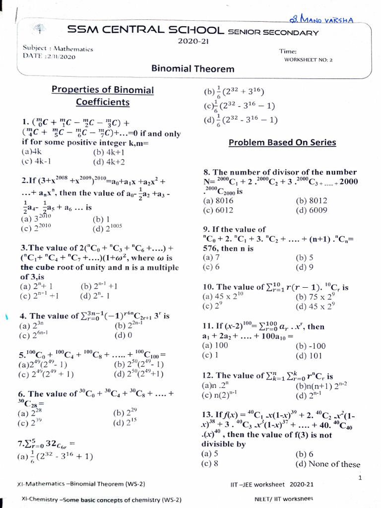 Binomial Theorem Worksheet 2020 21 Pdf Mathematical Analysis