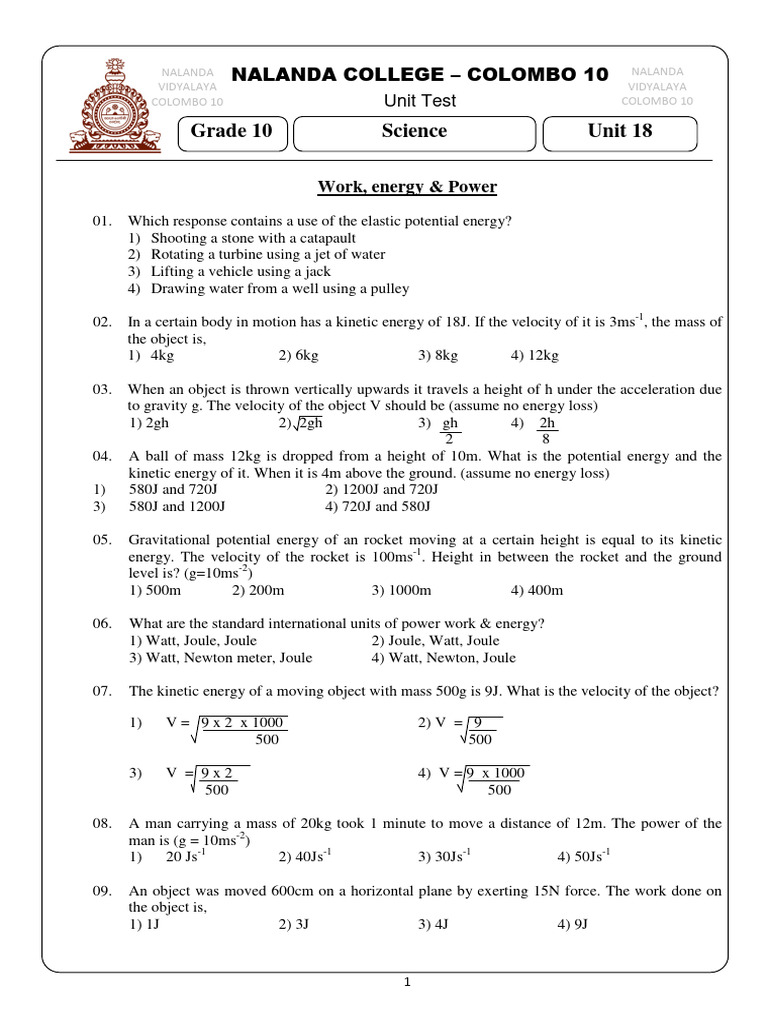 Grade 10 Science Unit 19 Eng. | PDF | Potential Energy | Kinetic Energy