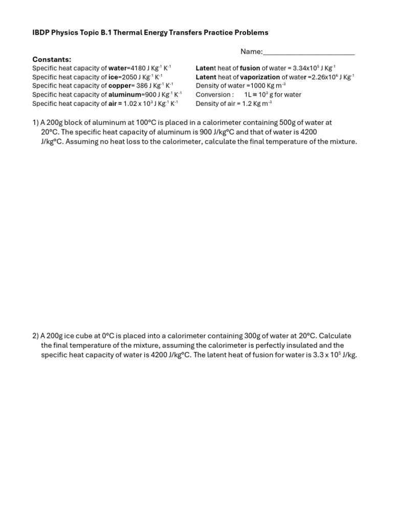 IBDP Physics: Thermal Energy Practice | PDF