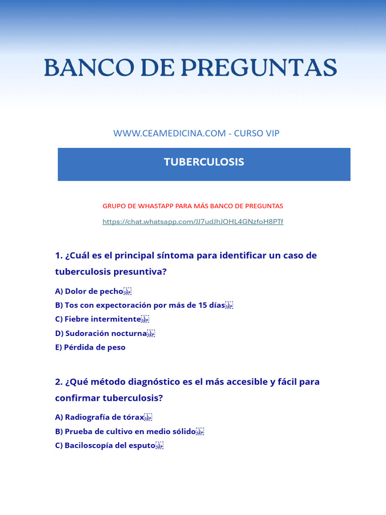 Banco de Preguntas de Tuberculosis Curso Vip | PDF | Tuberculosis ...