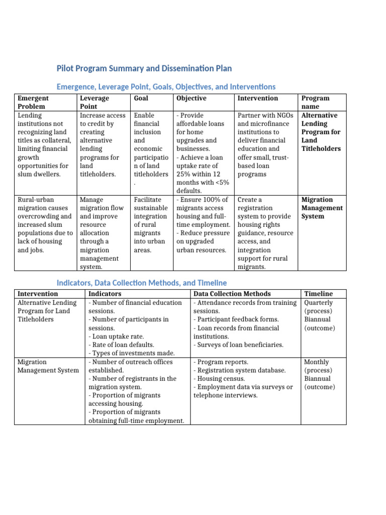 Pilot Program Summary and Dissemination Plan | PDF | Microfinance | Banking