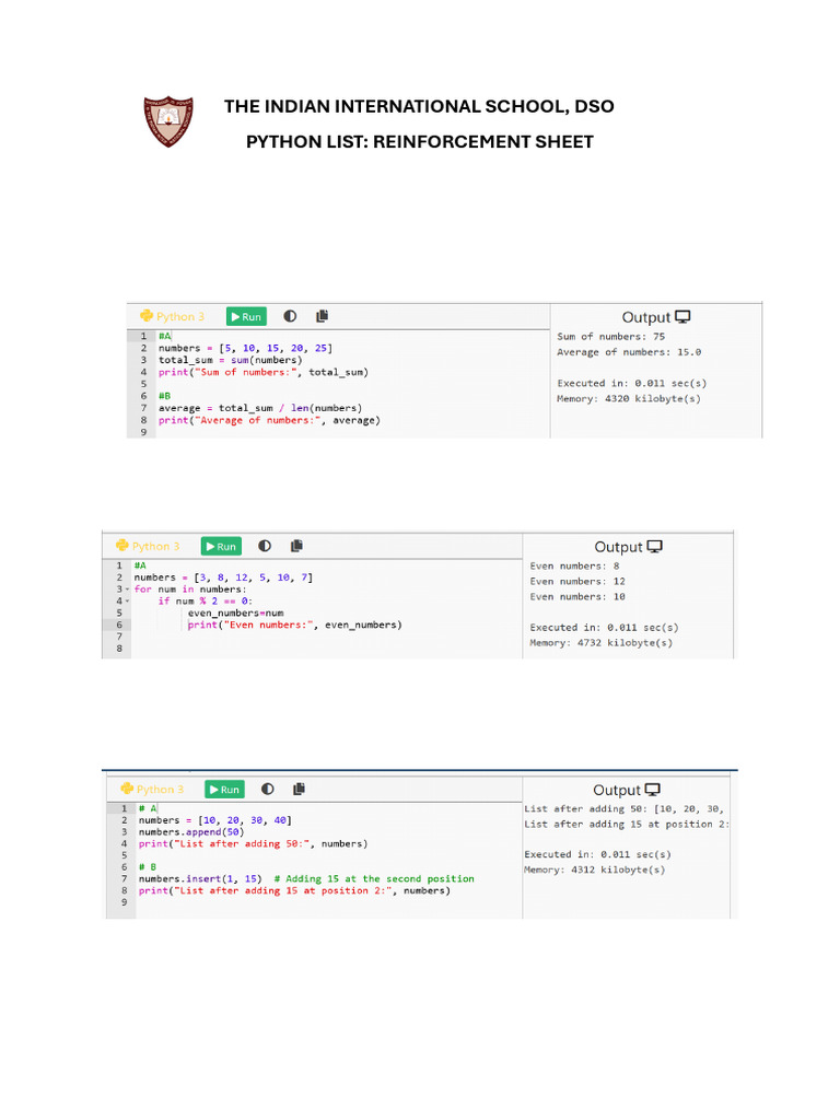 PYTHON LIST REINFORCEMENT - Answer Key | PDF