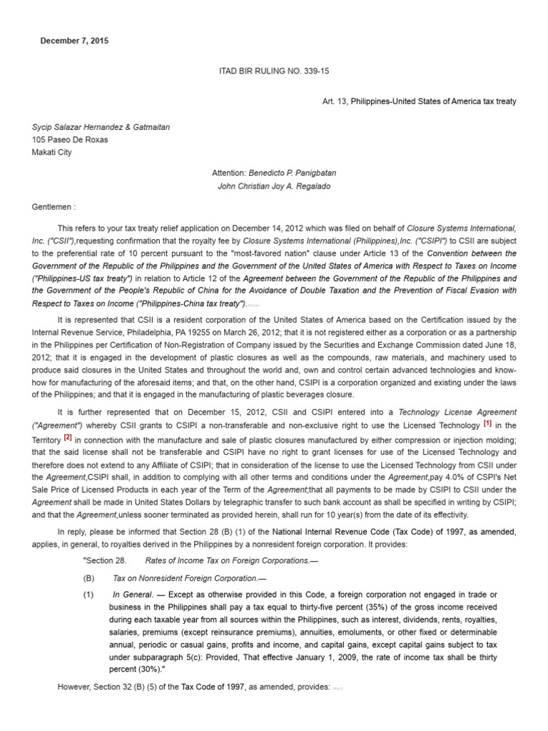 ITAD BIR RULING NO. 339-15 | PDF | Double Taxation | Taxes