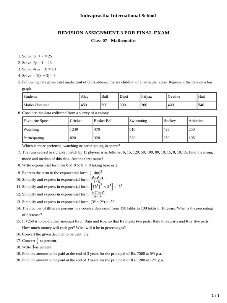 Revision Assignment-3 (Ch-Simple Equations, Ch-Data Handling, CH ...