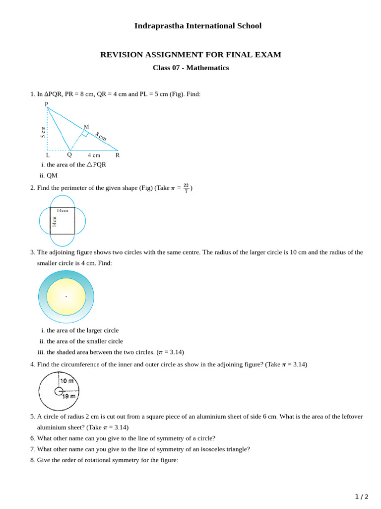 Revision Assignment-1 (Ch-Perimeter & Area, CH - Symmetry) | PDF