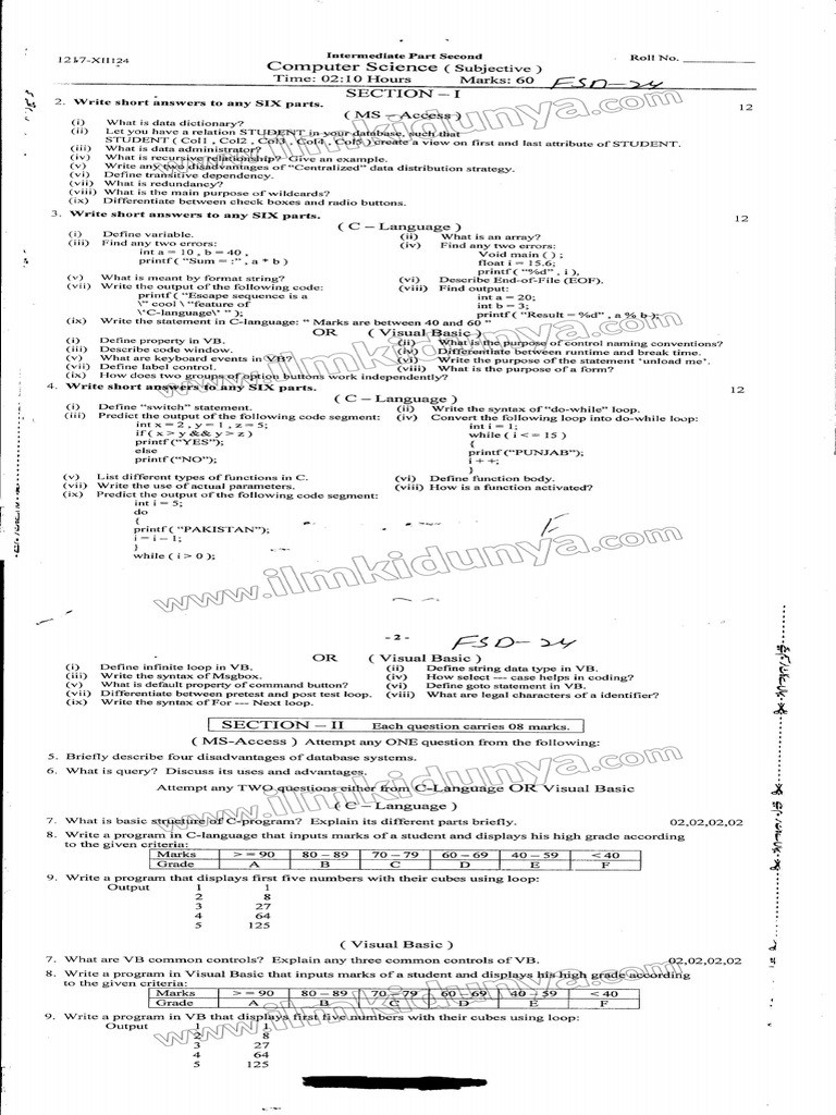 Past Paper 2024 Faisalabad Board Class 12th Computer Science Subjective ...
