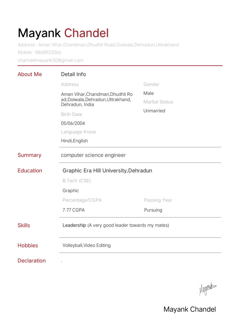 Mayank Chandel: CSE Student Profile | PDF