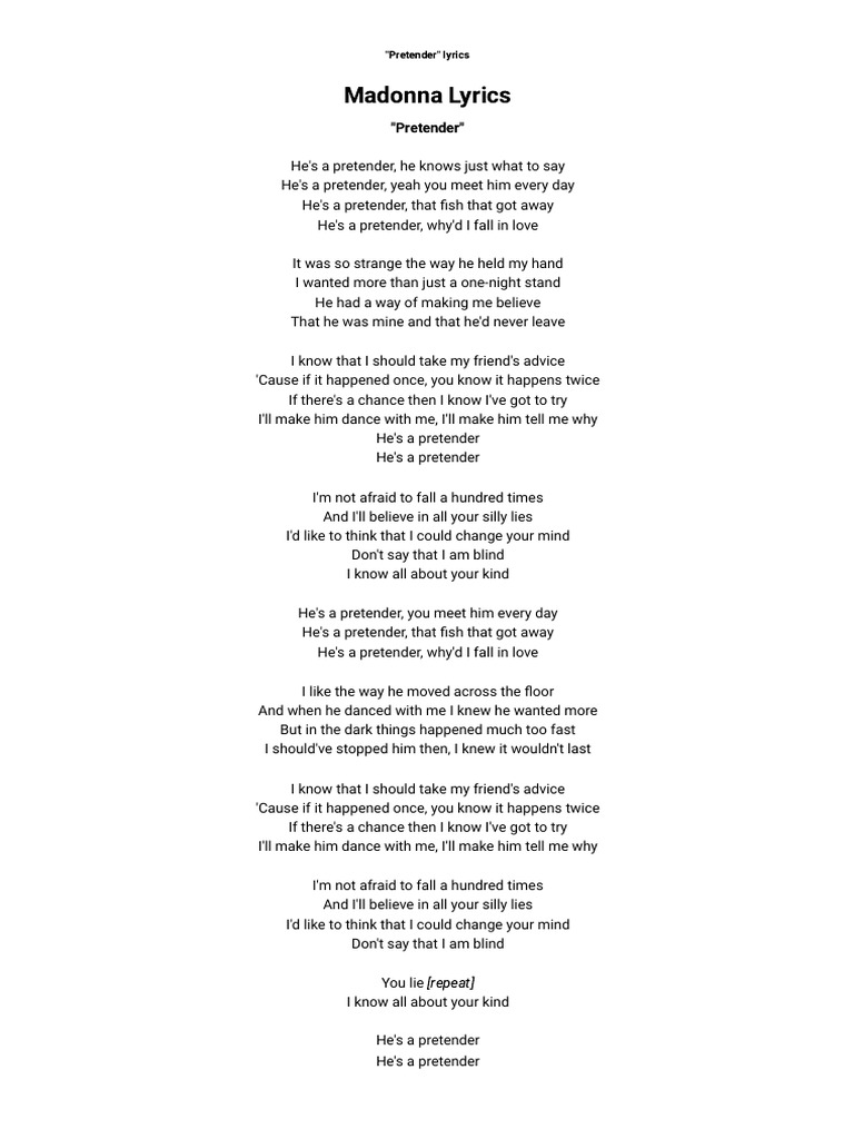 Madonna - Pretender Lyrics | PDF