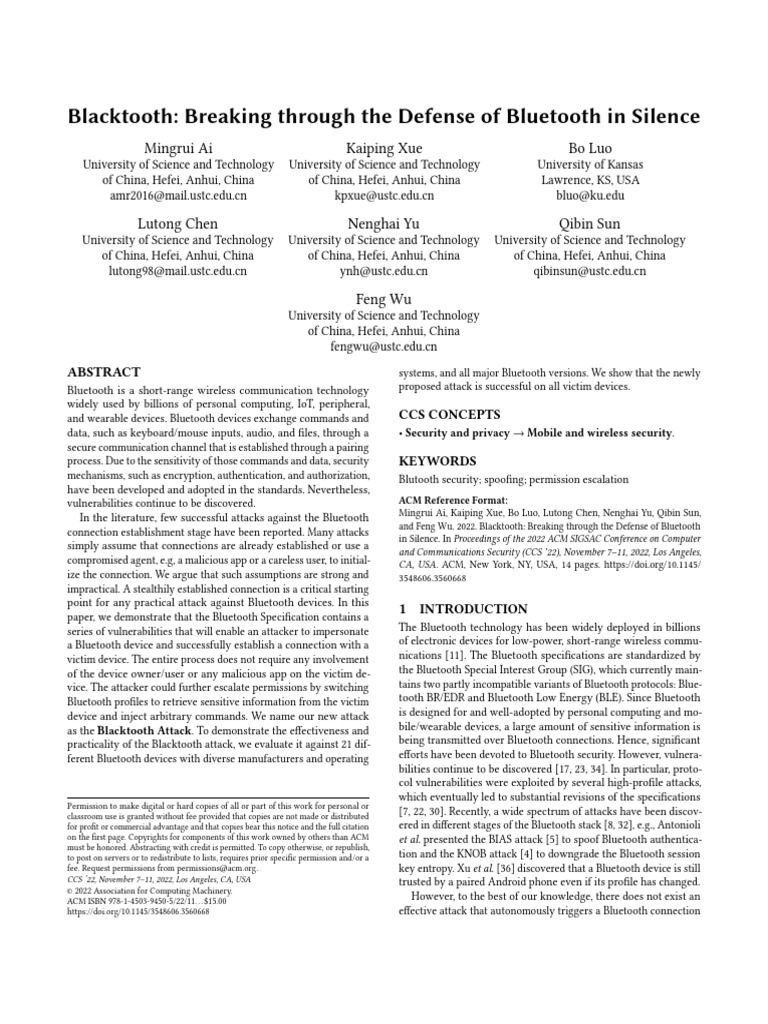 Ai Whitepaper Blacktooth Breaking Through The Defense of Bluetooth in Silence | PDF | Bluetooth ...