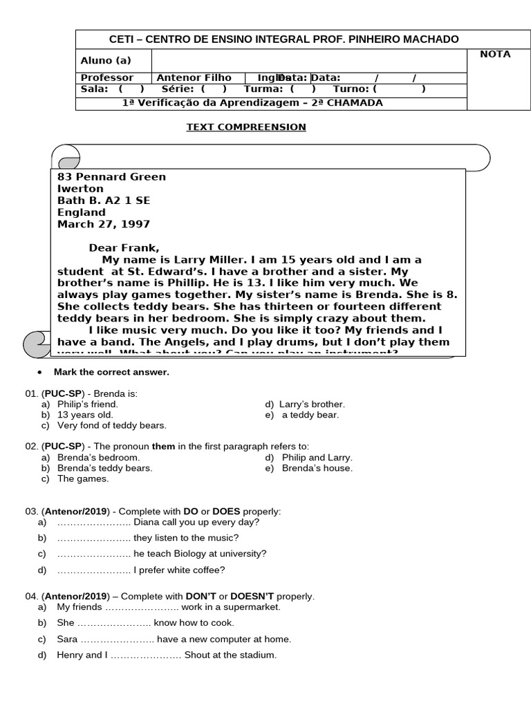 1 Av de 2 Chamada 2º Ano-21 | PDF | Language Families | Languages