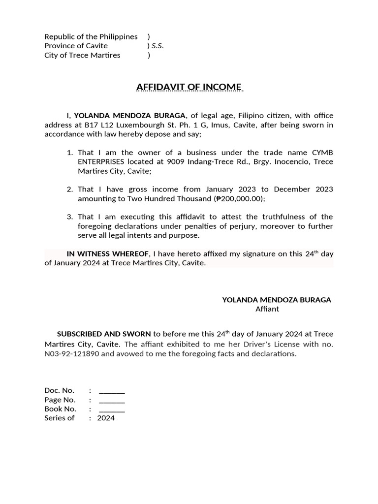 Affidavit of Gross Income-YOLANDA MENDOZA BURAGA | PDF