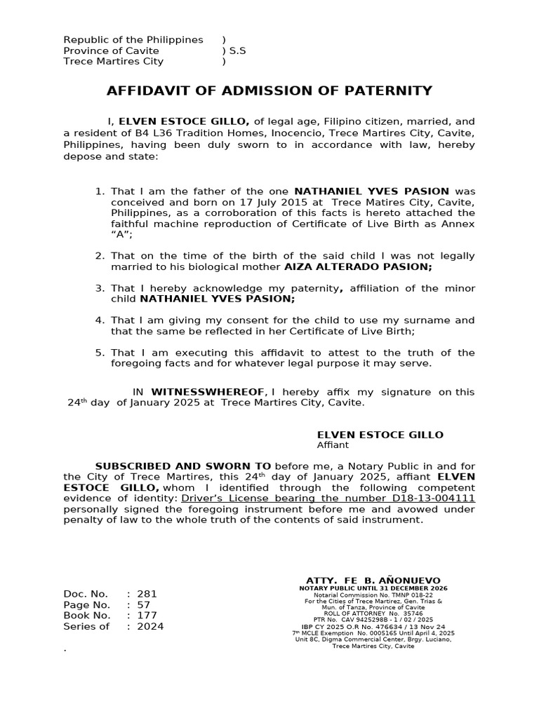 Affidavit of Paternity and Legitimation | PDF | Affidavit | Social ...