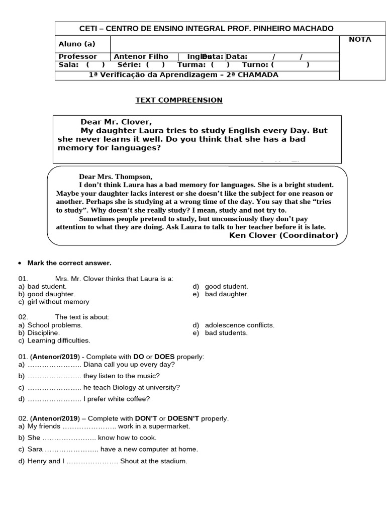 1 Av de 2 Chamada 3º Ano-21 | PDF | Linguistics | Grammar