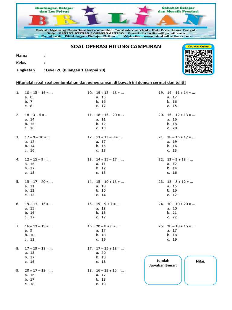 Operasi Hitung Campuran Level 2C Bilangan 1 sampai 20 Pilihan Ganda ...