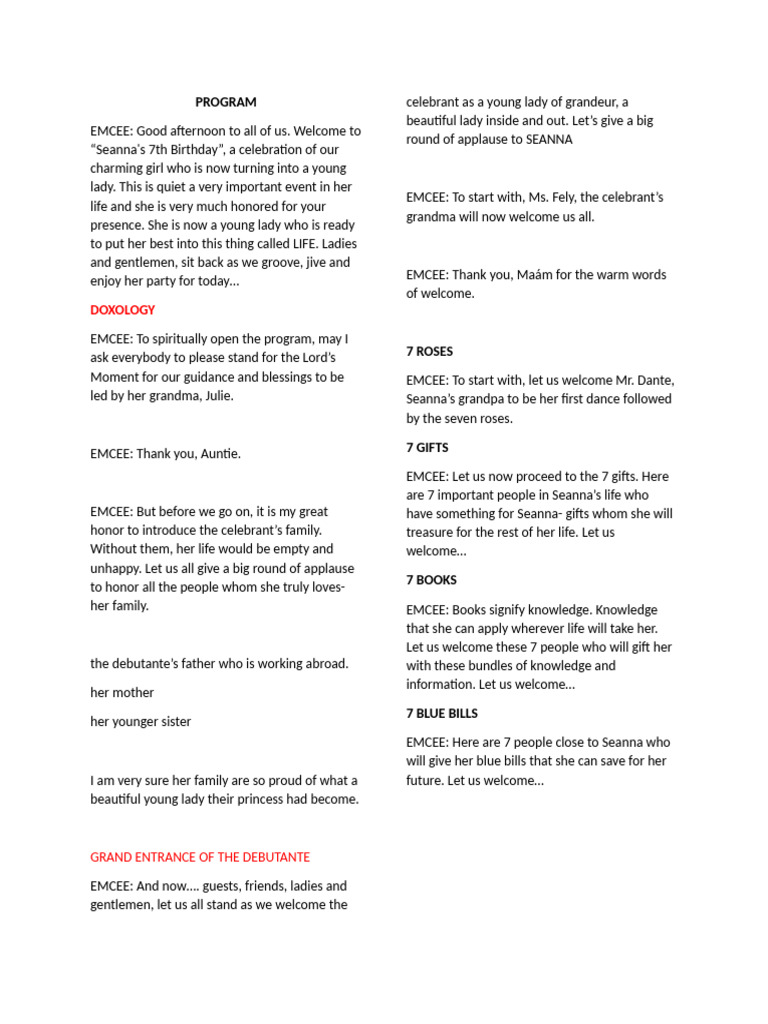 Seanna's 7th Birthday Program Script | PDF