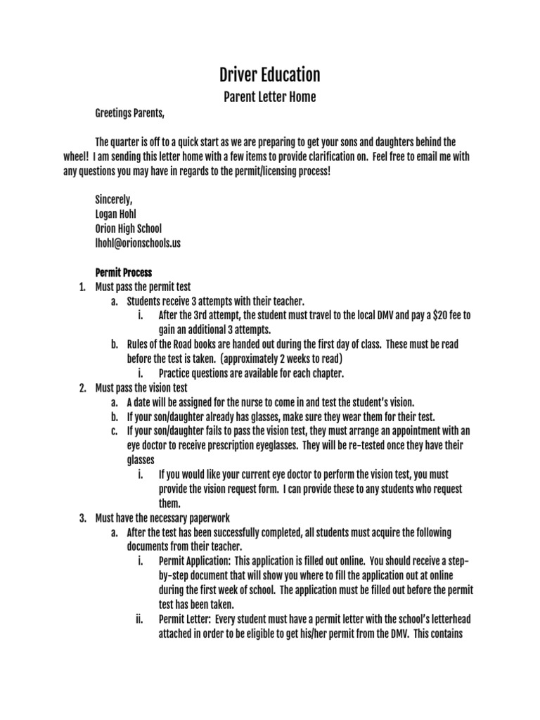 Parent Letter Home | PDF | Department Of Motor Vehicles