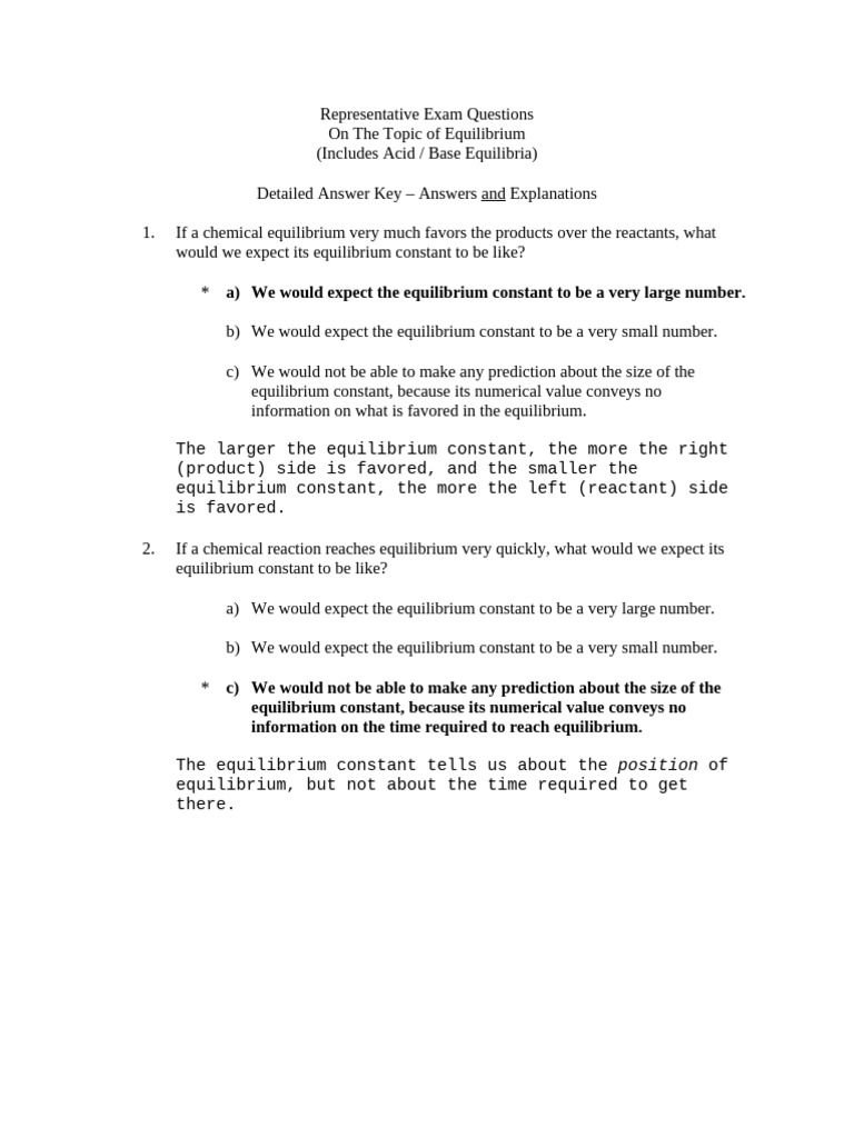 Equilibrium Sample Test With Detailed Answers | PDF | Chemical ...