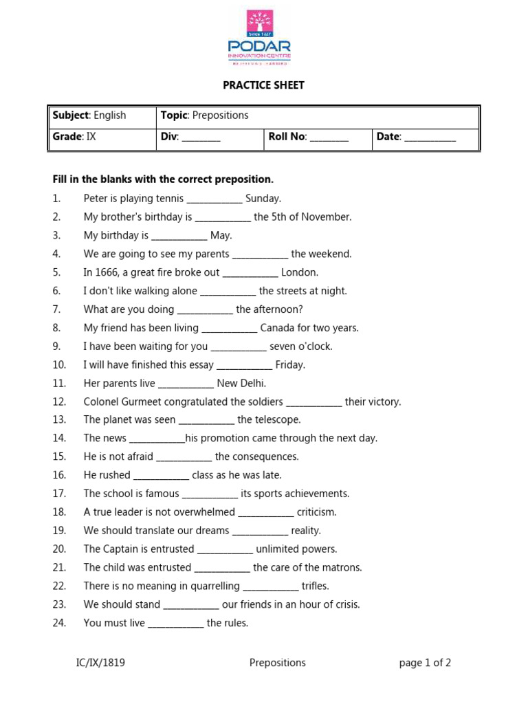 PS ICSE IX Eng Prepositions | PDF