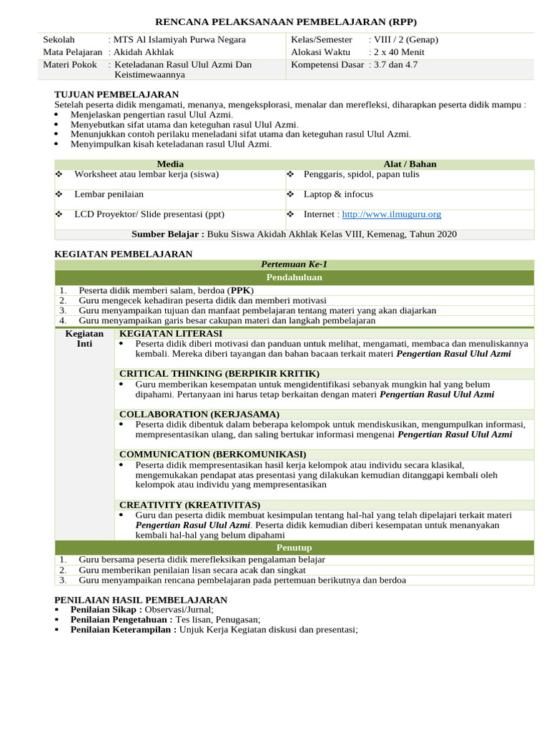 RPP BAB 7 Akidah Akhlak VIII | PDF