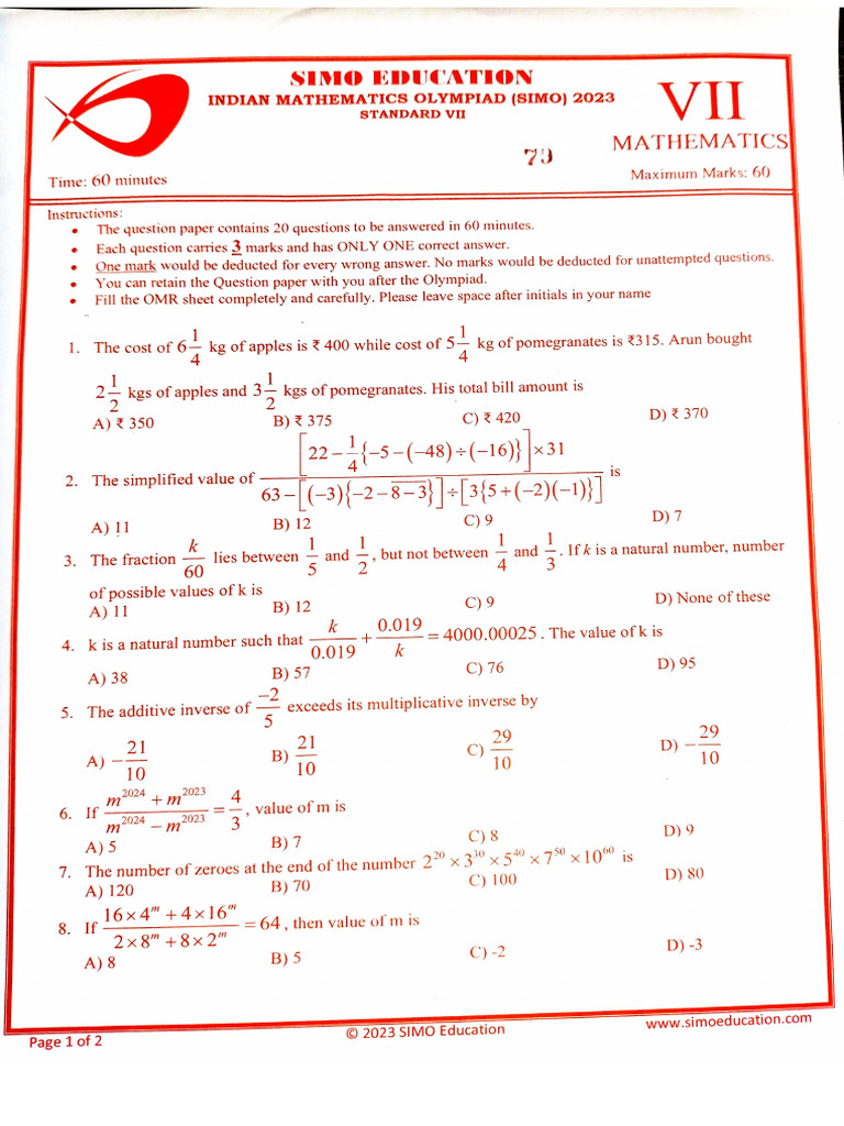 7th class IMO(SIMO) previous question paper | PDF