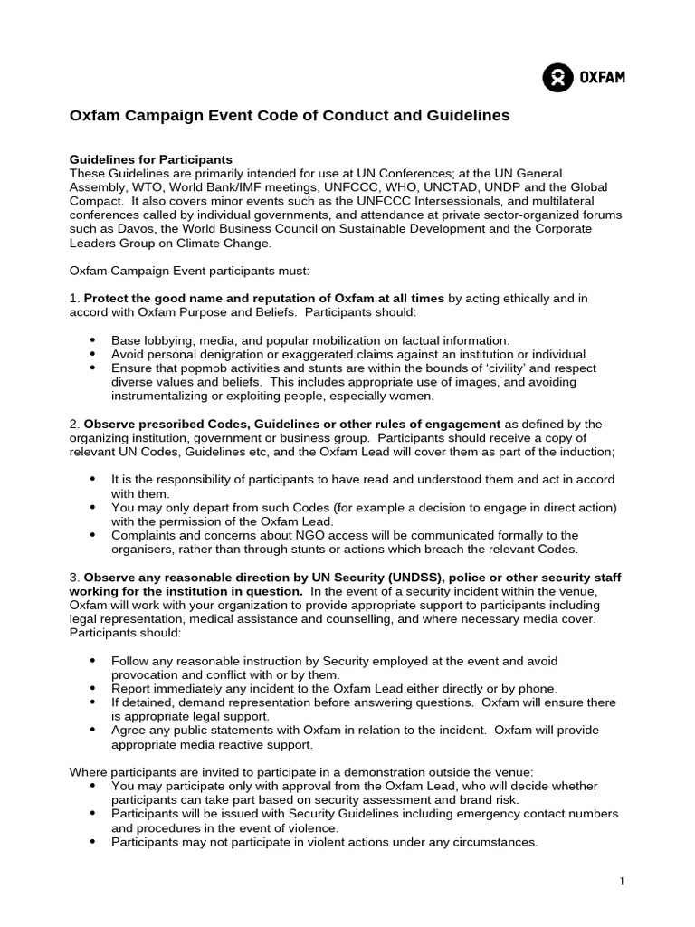 Oxfam Campaign Event Code of Conduct & Guidelines FORM To SIGN | PDF ...