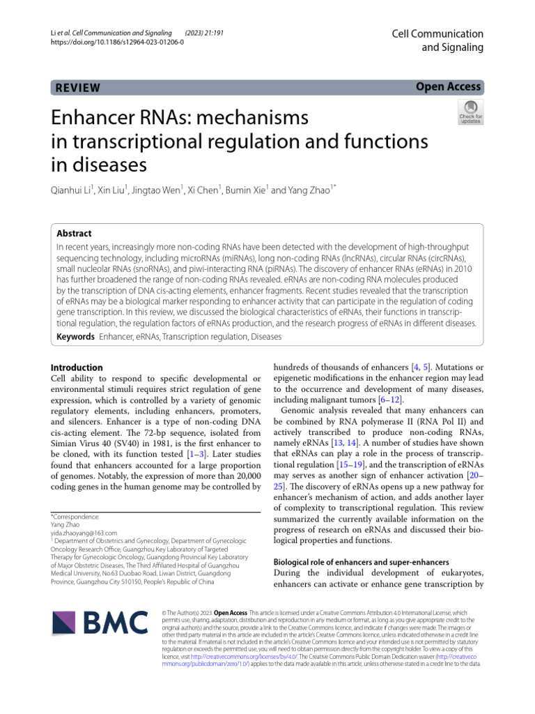 Enhancer RNAs Mechanisms in Transcriptional Regulation and Functions in ...