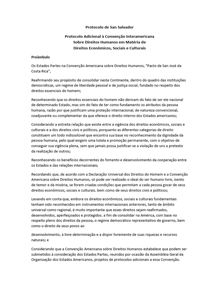 ANEXO 6 - Protocolo de San Salvador - OEA-1988 | PDF | Direitos Humanos | Tratado