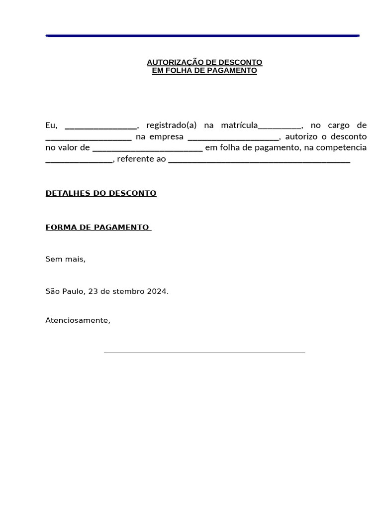 Modelo - Autorização de Desconto em Folha de Pagamento | PDF