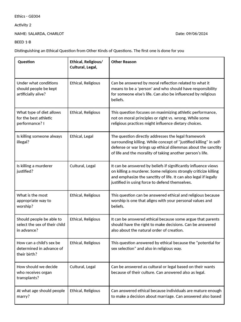 Ethical Questions vs. Other Queries | PDF | Morality | Social Psychology