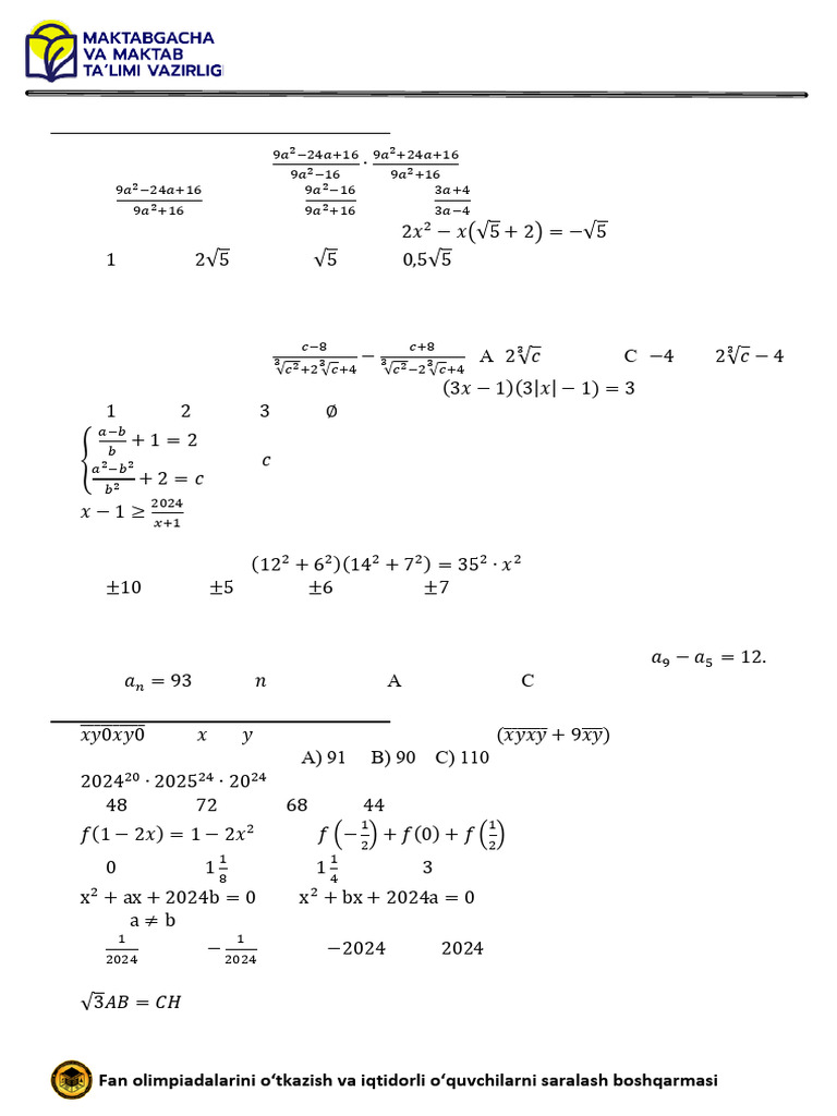 9 Sinf Matematika UZ | PDF