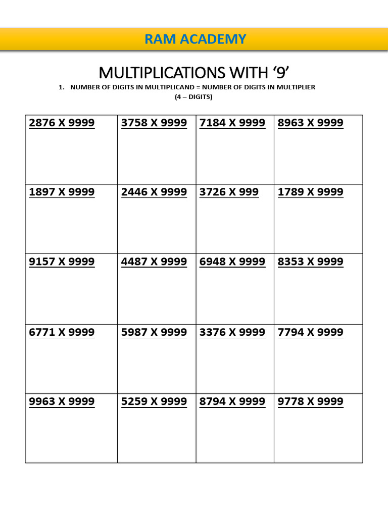 9-Digit Multiplication Practice Sheets | PDF
