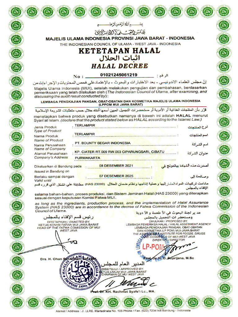 Ketetapan Halal PT Bounty Segar Indonesia (2021-2025) | PDF