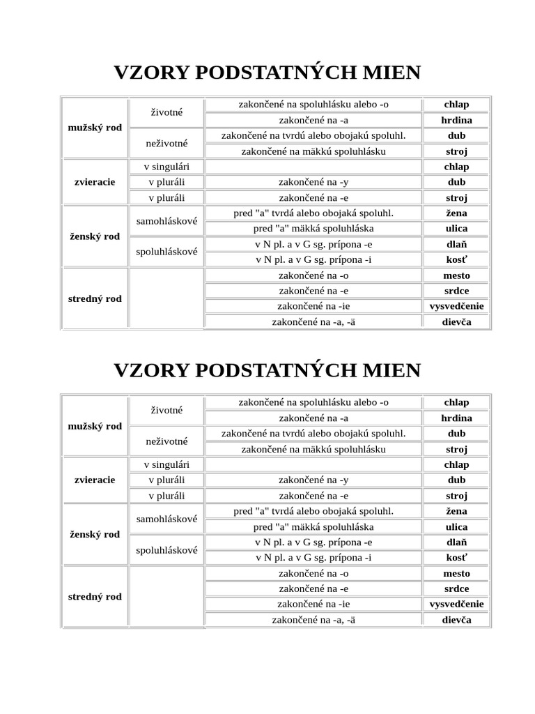 Tabulka Vzorov Podstatnych Mien | PDF